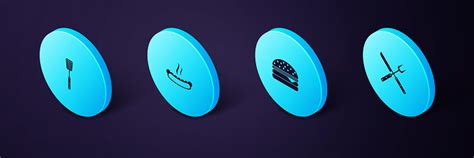 이소메트릭 크로스 포크와 나이프 버거 핫도그 샌드위치 바비큐 주걱 아이콘을 설정합니다 벡터 3차원 형태에 대한 스톡 벡터 아트