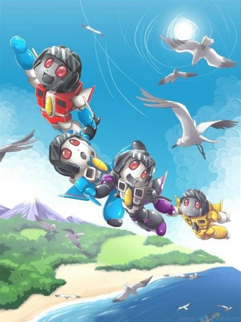 Aw Chibi Seekers Starscream Thundercracker And Skywarp Tugging Sunstorm Behind Him So Cute