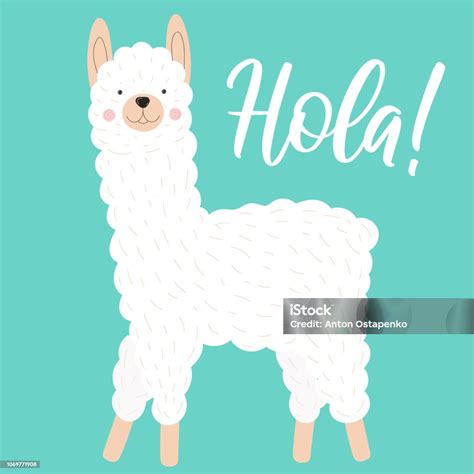 귀여운 흰 라마 나 알파 카 비문 안녕와 파란색 배경에 벡터 그림 아이 들 카드 초대장 인쇄 Textilesм 남미 테마 이미지 0명에 대한 스톡 벡터 아트 및 기타 이미지