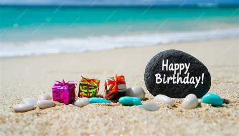 Premium Ai Image Happy Birthday Stone On A Pebble Beach Front Of The Sea Birthday Celebration