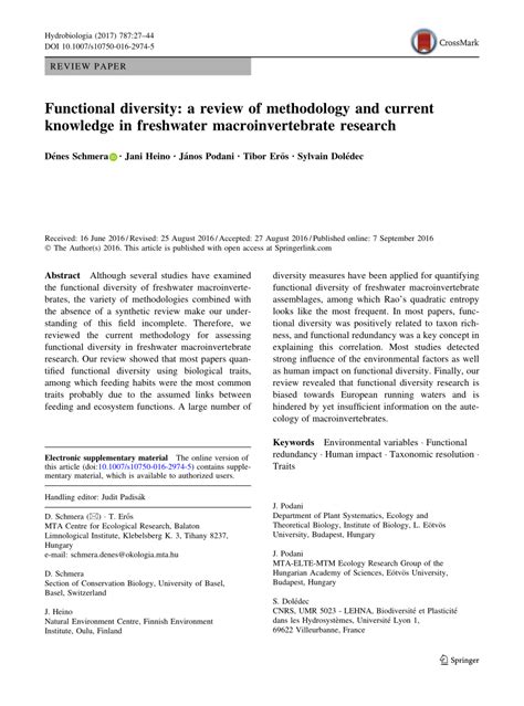 Pdf Functional Diversity A Review Of Methodology And Current Knowledge In Freshwater