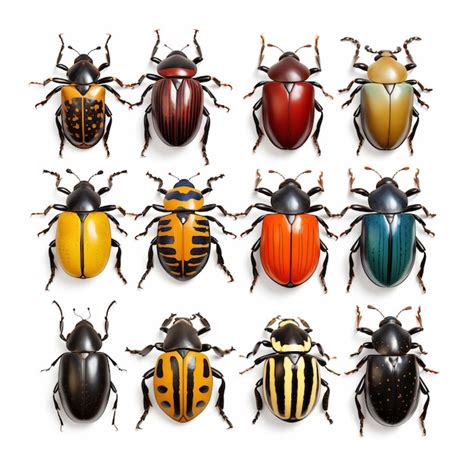Collection Of Colorful Beetles With Distinctive Patterns And Markings On White Background