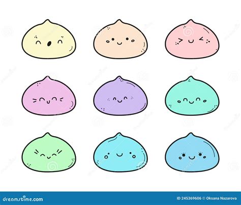 Cute Mochi Icon Vector Set In Doodle Cartoon Style Stock Vector
