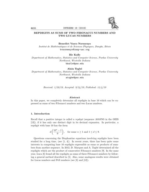 Pdf Repdigits As Sums Of Two Fibonacci Numbers And Two Lucas Numbers