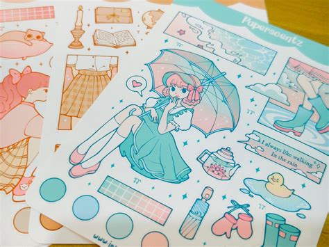 Cute Rainy Girl Pastel Stickers Cute Rainy Girl Stickers Aesthetic Journal Planner Sticker I