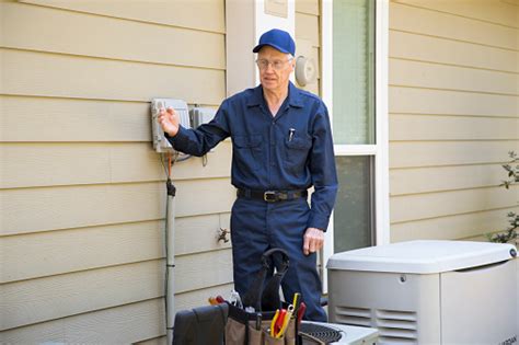 Ac 장치 및 발전기 외부에서 기술자 서비스 70 79세에 대한 스톡 사진 및 기타 이미지 70 79세 가정 방문 가정