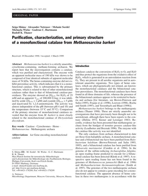 Pdf Purification Characterization And Primary Structure Of A Monofunctional Catalase From