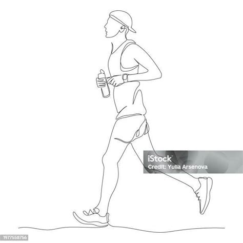 조깅하거나 달리는 남자 물병을 들고 있습니다 측면도 연속 선화 손으로 그린 흑백 벡터 일러스트 레이 션 라인 아트 스타일 달리기에 대한 스톡 벡터 아트 및 기타 이미지