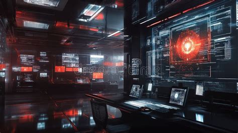 Futuristic Control Room With High Tech Displays And Red Lights For