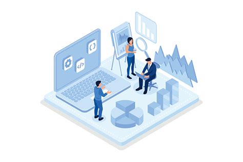 People Characters Working With Data Visualization On Laptop Man And