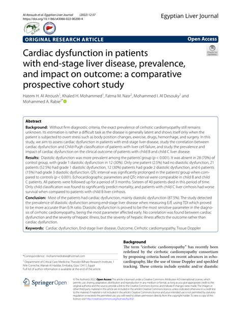 Pdf Cardiac Dysfunction In Patients With End Stage Liver Disease Prevalence And Impact On