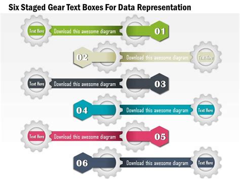 Six Staged Gear Text Boxes For Data Representation Powerpoint Template PowerPoint