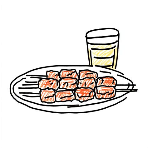 중국식 양고기 꼬치 요리가 배경에 맥주와 함께 있는 만화 스타일 일러스트 간단하고 깨끗한 미학 고화질입니다