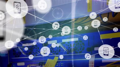 Animation Of Network Of Connections With Icons Over Server Room Stock