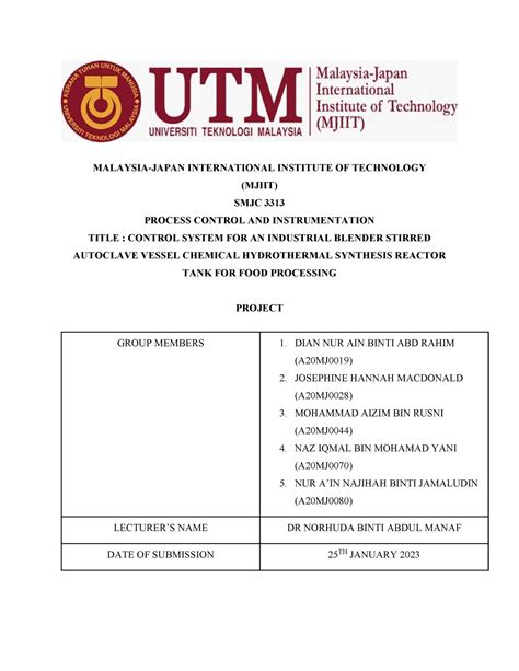 Process Control Project Simulink Matlab MALAYSIA JAPAN INTERNATIONAL INSTITUTE OF TECHNOLOGY