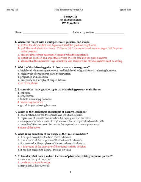 Final1 Answers Final Exam Practice Questions Biology 105 Final
