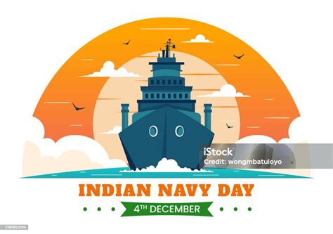 12 월 4 일 인도 해군의 날 벡터 일러스트 레이 션 전투기 함선 경례 군인 그리고 평평한 스타일 배경에 군사 감사를 특징으로합니다 국기에 대한 스톡 벡터 아트 및 기타