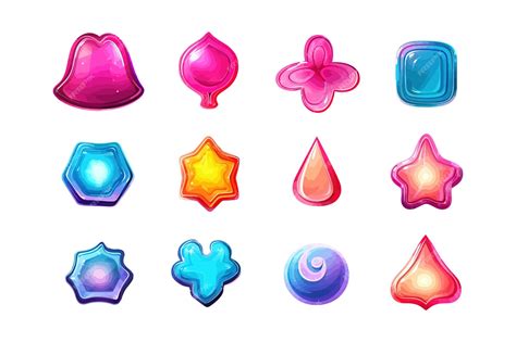 젤리 사탕 게임 Ui 만화 광택 인터페이스 아이콘 벡터 설정 플랫 벡터 일러스트 레이 션 흰색 배경에 고립 프리미엄 벡터