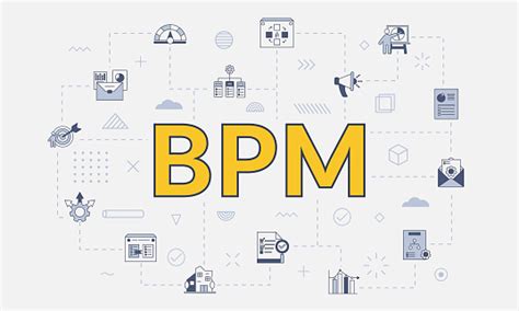 중앙에 큰 단어 또는 텍스트로 설정된 아이콘이있는 Bpm 비즈니스 프로세스 관리 개념 개념에 대한 스톡 벡터 아트 및 기타