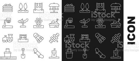세트 라인 모래 타워 홉스카치 모래 체조 반지 스윙 비행기 농구 백보드 수영장 공과 관람차 아이콘샌드 박스 벡터 수영장 스포츠