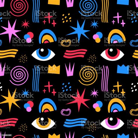 벡터 원활한 배경 패턴 낙서 일러스트 레이 션 추상 모양 복고풍 밝은 손 그리기 추상 만화 배경 어린이 스타일의 평면 만화 개체 그룹에 대한 스톡 벡터 아트 및 기타 이미지