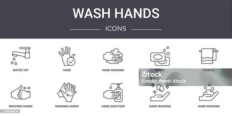 손 컨셉 라인 아이콘 세트 손 비누 세탁손 손 소독제 손 씻기 세탁 수건 등 웹 로고 Ui Ux에 사용할 수 있는 아이콘이 포함되어 있습니다 깨끗한에 대한 스톡 벡터 아트