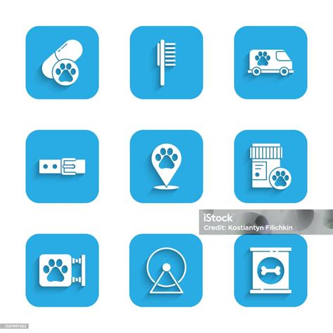 세트 위치 수의학 햄스터 휠 통조림 식품 개 약병 수의학 클리닉 이름 태그가있는 칼라 구급차 및 알약 아이콘 벡터 1위에 대한 스톡 벡터 아트 및 기타 이미지 Istock