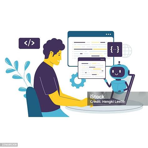 개발자의 프로그래밍 작업을 돕는 Ai 코딩 도우미의 평면 그림 개발에 대한 스톡 벡터 아트 및 기타 이미지 개발 남자 노트북 Istock