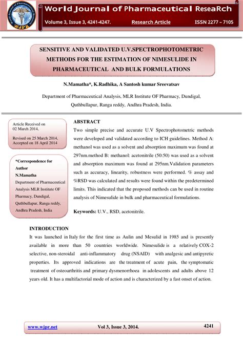 Pdf Sensitive And Validated Uv Spectrophotometric Method For The Estimation Of Nimesulide In