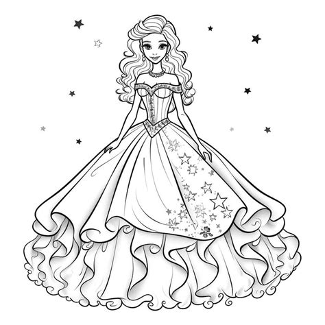 Раскраска Принцесса в платье со звёздами распечатать или скачать
