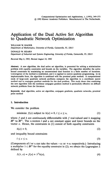 Pdf Application Of The Dual Active Set Algorithm To Quadratic Network