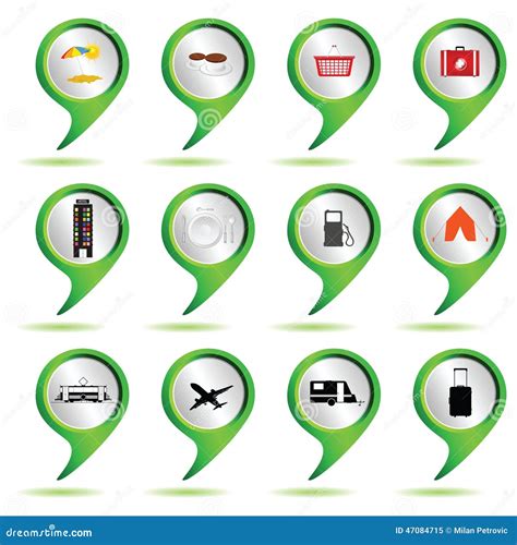 Set Of Green Map Pointer With Travel Sign Stock Vector Illustration