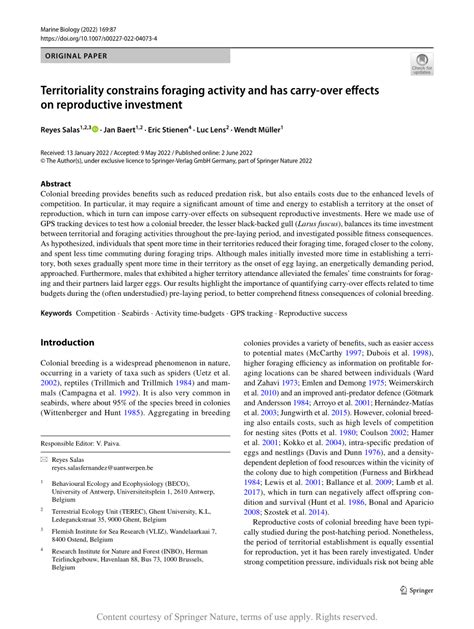 Territoriality Constrains Foraging Activity And Has Carry Over Effects On Reproductive