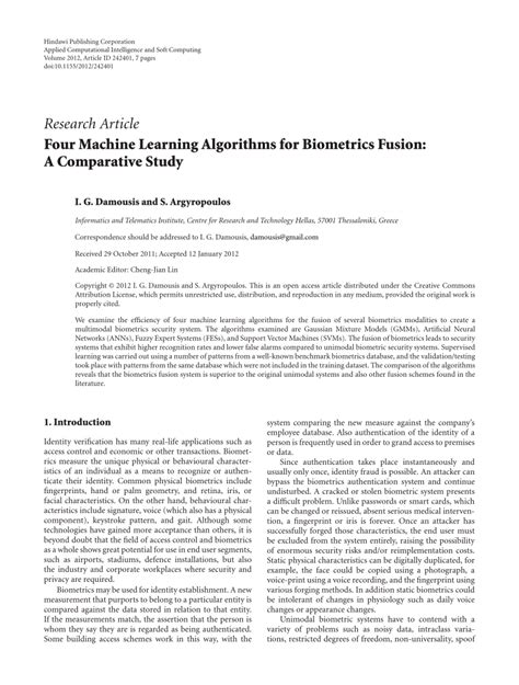 Pdf Four Machine Learning Algorithms For Biometrics Fusion A