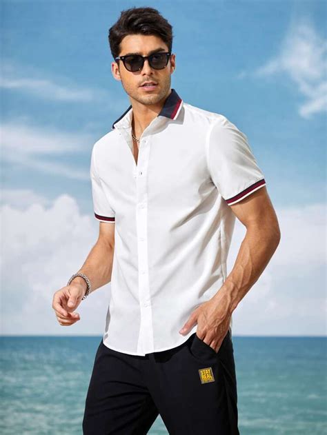 Shein Men Striped Trim Button Front Shirt Shein Usa Polo Shirt