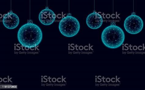 크리스마스 트리 공 장식 낮은 폴리입니다 현대 미래 기술 국경 인사말 카드입니다 어두운 파란색 배경입니다 빛나는 반짝이는 3d 렌더링 구 새해 복 주 배너 벡터 일러스트