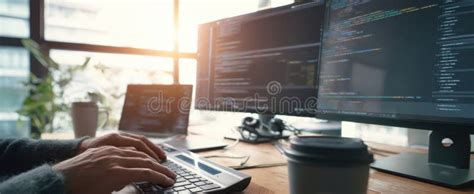 The Programmer Working Diligently With Multiple Screens And Coffee In A Bright Workspaceai