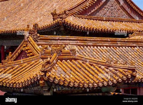 Detailed View Of Artistic Roofs In The Forbidden City In Beijing Stock
