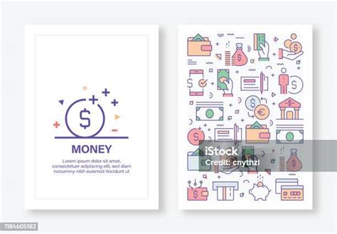 브로셔 전단지 표지 책 연례 보고서 표지 레이아웃 디자인 템플릿에 대한 돈 관련 아이콘 벡터 일러스트레이션 가방에 대한 스톡