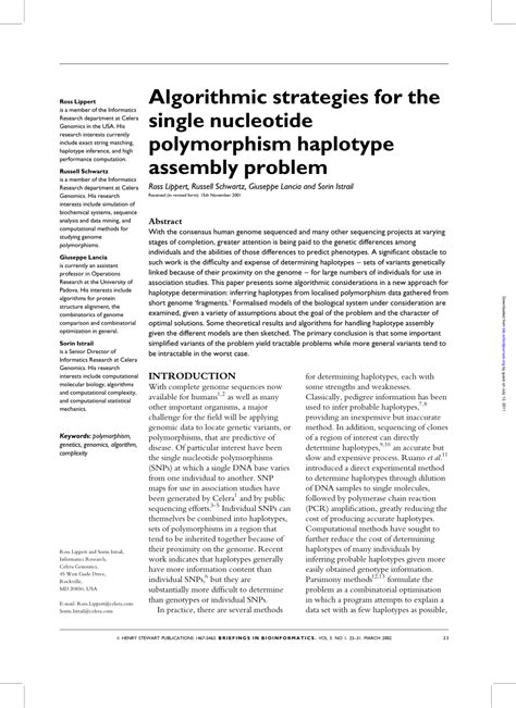 Pdf Algorithmic Strategies For The Single Nucleotide Polymorphism Haplotype Assembly Problem