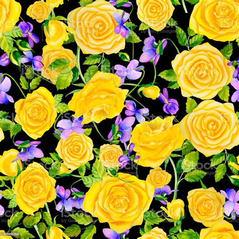 노란 장미와 제비꽃 매끄러운 패턴 여름 꽃 손으로 그린 수채화 그림 낭만적 인 배경 직물과 벽지를 위해 밝은 꽃 디자인 개체 그룹에 대한 스톡 벡터 아트 및 기타 이미지