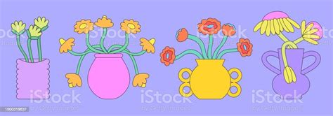 트렌디한 만화 정물화는 추상적인 모양의 꽃병에 꽃을 피운다 직물 인쇄물 포스터 플래카드 웹 또는 소셜 미디어 배너를 위한 다양한 다채로운 꽃이 그루비 스타일로 낙서됩니다