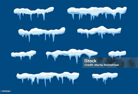 스노우 캡 겨울 표류 냉동 고드름 지붕에 눈덩이 플랫 스타일의 냉동 눈 효과 크리스마스 눈 장식 만화입니다 서리 스노우 캡 탑 격리 된 배경에 아이스 캡 프레임입니다 벡터