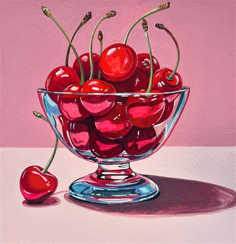 Cherries In A Glass Bowl Gouache Painting