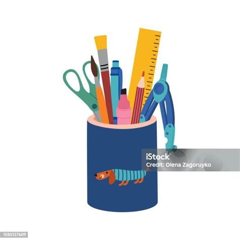 연필 펜 가위 눈금자 붓이 있는 데스크탑 스탠드 학교 직장 공부를 위한 문구류 학교 건물에 대한 스톡 벡터 아트 및 기타 이미지 학교 건물 연필 항아리 Istock