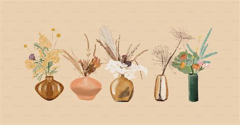 파스텔 톤의 꽃병에 꽃다발 세트 플랫 스타일의 벡터 그림입니다 미모사 노빌리스 몬스테라 튤립 넬룸보 Craspedia