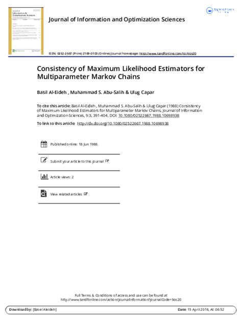 Pdf Consistency Of Maximum Likelihood Estimators For Multiparameter Markov Chains