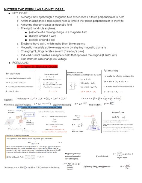 Physics Midterm Cramsheet Lecture Notes And Practice Problems MIDTERM TWO FORMULAS AND