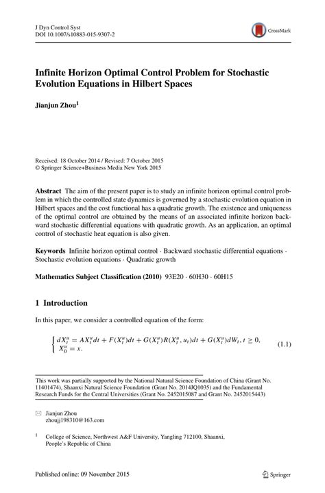 Pdf Infinite Horizon Optimal Control Problem For Stochastic Evolution Equations In Hilbert Spaces
