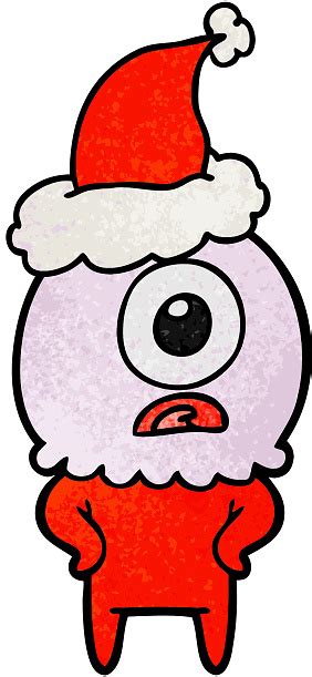 산타 모자를 쓴 사이클롭스 외계인 우주인의 손으로 그린 질감 만화 귀여운에 대한 스톡 벡터 아트 및 기타 이미지 귀여운 그런지 이미지 기법 낙서 드로잉 Istock